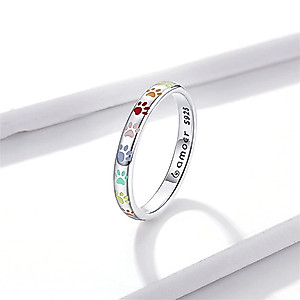 BISAER S925 Sterling Silver Puppy Dog Cat Paw Ring, Multicolor Pet Print Enamel Ring for Women 3-3.4mm