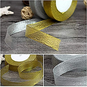KESOTE Christmas 50 Yard Silver and Gold Ribbon for Christmas Tree Gift Wrapping Hair Bows Maker Floral Projects, 4/5 Inches
