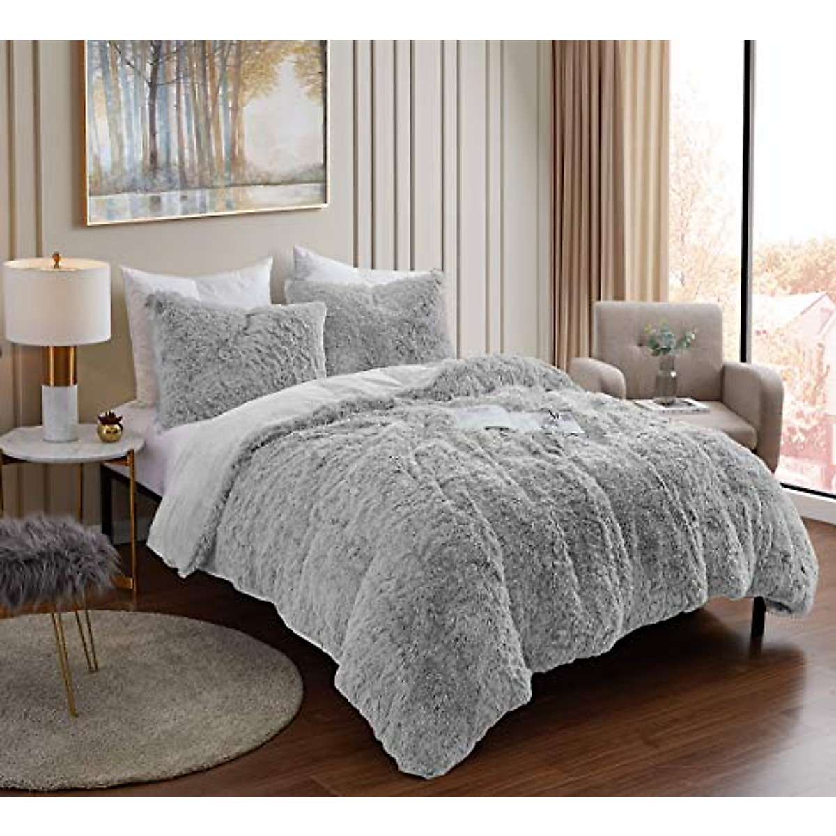 Sweet Home Collection Plush Shaggy Comforter Set Ultra Soft Luxurious Faux Fur Decorative Fluffy Crystal Velvet Bedding with 2 Shams, King, Silver