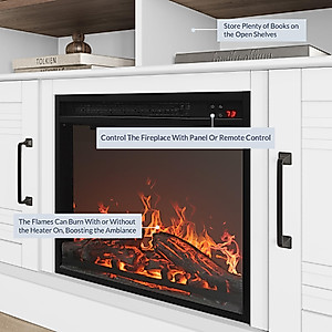 BELLEZE 48" TV Stand with 18" Electric Fireplace Heater, Modern TV Stand for TVs up to 50", Entertainment Media Stand with Open Shelves and Storage Cabinets for Living Room, Bedroom (White)