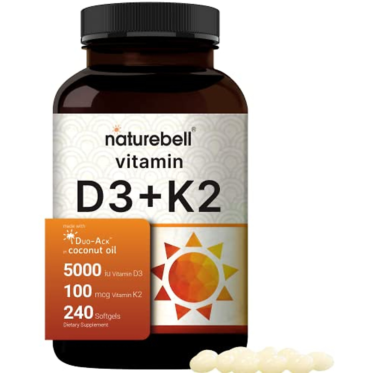 NatureBell Vitamin D3 K2 (MK7) with Virgin Coconut Oil, 240 Softgels, Vitamin D3 5000 IU & K2 MK7 100mcg, 2 in 1 Support, Duo-Ack | 8 Months Supply | Third Party Tested, Non GMO & No Gluten