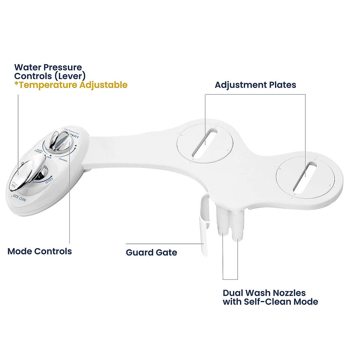 LUXE Bidet NEO 320 - Hot and Cold Water, Self-Cleaning, Dual Nozzle, Non-Electric Bidet Attachment for Toilet Seat, Adjustable Water Pressure, Rear and Feminine Wash, Lever Control (White)