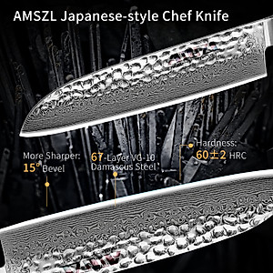 AMSZL 7 Inch Chef Knife, Damascus VG10 Super Steel, Ultra Sharp Santoku Kitchen Knife, Ebony Handle, Gift Box