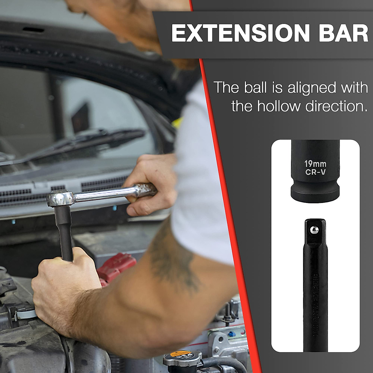 EACELIY 29pcs 1/2" Socket Set, Drive Deep Impact Socket Set, Including 3 ", 5", 10" Impact Extension Bar, Standard SAE (3/8 "- 1") and Metric (10mm-24mm), Cr-V Steel