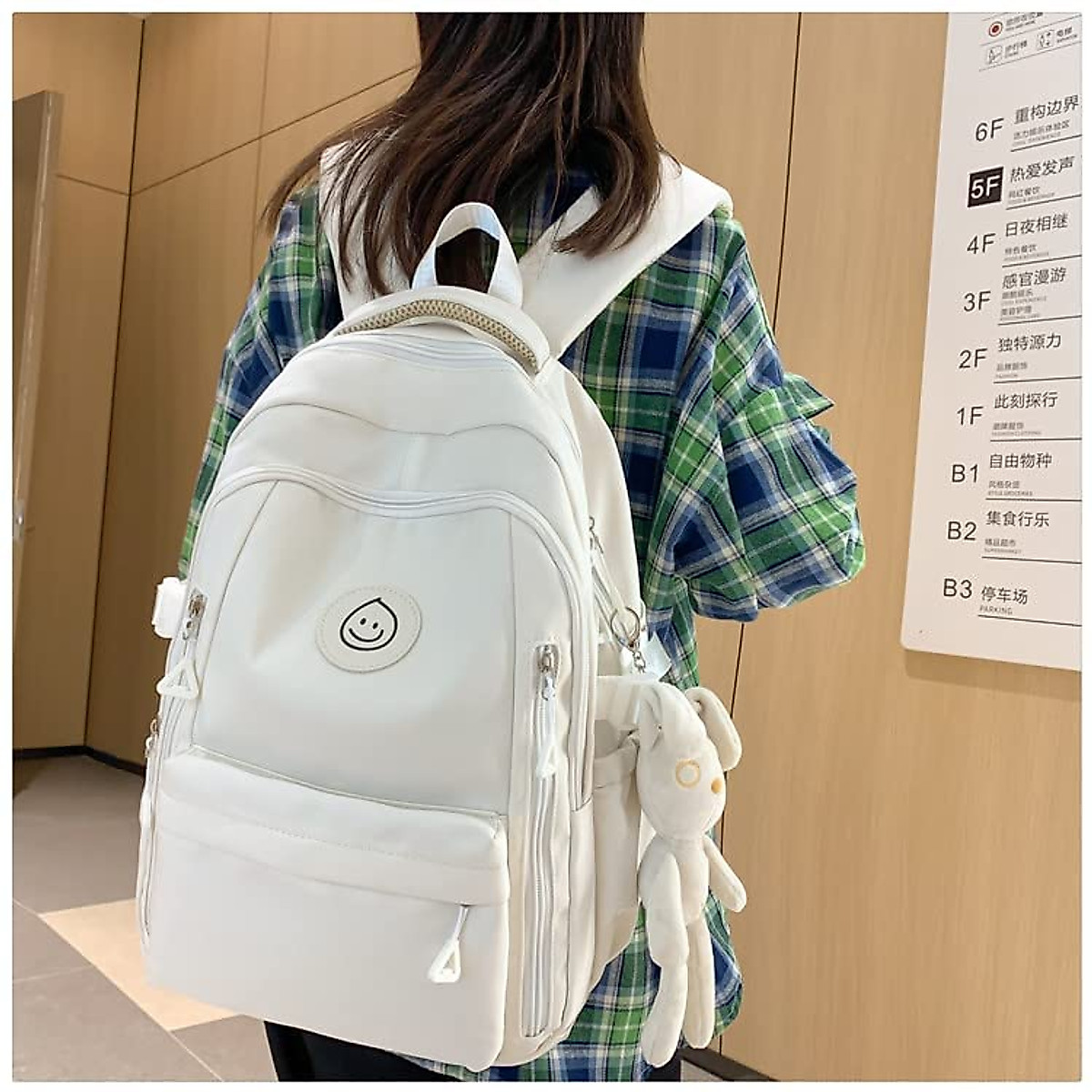 Preppy Backpack Smiling Face with Bunny Plush Cute Aesthetic Backpack Preppy Stuff Kawaii Accessories Korean College Style (White,One Size)