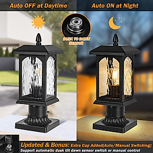 Dusk to Dawn Outdoor Post Light Fixture with Pier Mount Base - Waterproof Pole Outdoor Lighting, Modern Black Pillar Lantern Outside with Tempered Rippled Glass for Pathway, Garden, Patio, Anti-Rust