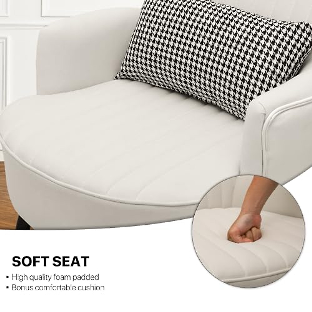 MoNiBloom Accent Chair Modern Armchair Single Sofa Chair with Lumbar Pillow, Mid Century Modern Comfortable Leatheraire Reading Chair for Living Room Bedroom, Metal Legs Back Club Arm Chair, White