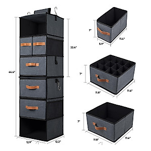 BinWhiz 12.6x12.6x44.1 Inch Hanging Closet Organizer and Storage Shelves, 6-Tier Shelf Clothes Organizers Bins with Drawers and Hooks for Closet Wardrobe Organization and Storage - Gray