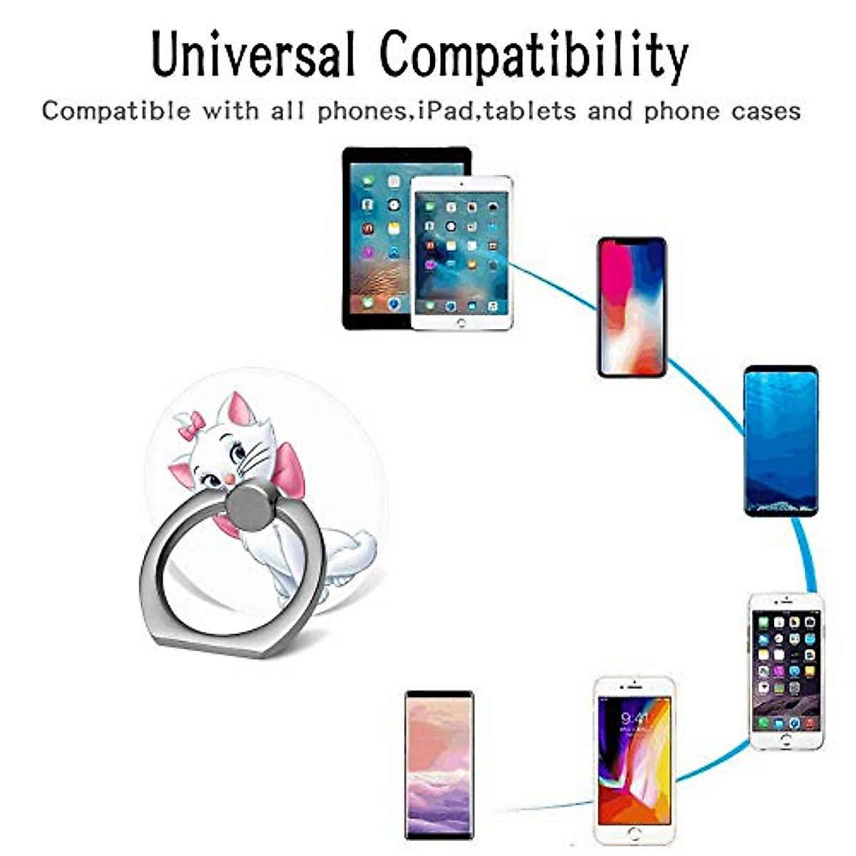 Cell Phone Ring Holder Finger Kickstand,360 Degree Rotation Stand Grip with Car Mount Compatible with All Smartphone - Aristocats Marie cat Pink White