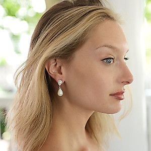 Mariell Pearl Bridal Wedding Clip-On Earrings for Bride, Pearl and CZ Non-Pierced Drop Bridal Earring