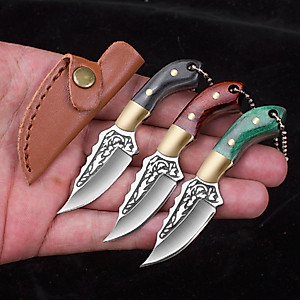 SZHOWORLD Ultra Small Fixed Blade Knife, 1.57 inch 5Cr15 Stainless Steel Blade with Brass+Colored Wood Handle, Mini Knife/Box Cutter with Leather Sheath for EDC Collection Gift, Three Colors Available (Green)