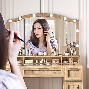 usikey Farmhouse Vanity Desk with Large Lighted Mirror and 10 Lights, 43.3" Glass Tabletop Makeup Vanity with 3 Drawers, Large Vanity Tabel Set with Long Storage Shelf, 2 Cabinets and Stool, Maple