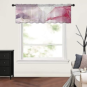 Semi Sheer Curtain Valance for Kitchen Windows Abstract Marble Agate Texture Chiffon Rod Pocket Half Window Curtains Topper for Bathroom/Living Room/Bedroom Pastel Theme Pink Purple White Gold