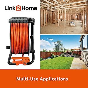 Link2Home Contractor Grade Retractable Extension Cord Reel 75 Ft. With 4 Outlets & Heavy Duty/High Visibility 3-Prong SJTW Cord