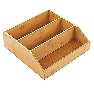 mDesign Wide Bamboo Wood Food Storage Bin with Divided 3 Compartments and Sloped Front for Kitchen Cabinet, Pantry, Shelf to Organize Seasoning Packets, Powder Mixes, Spices, Snacks - Natural