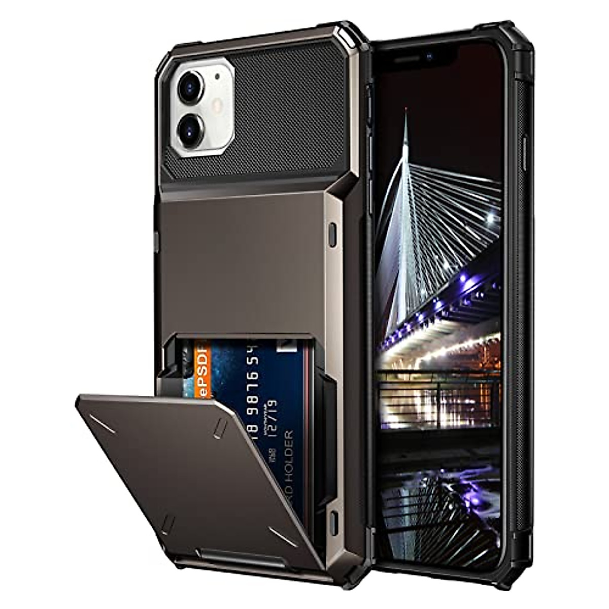 Vofolen Case for iPhone 11 Case Wallet 4-Card Holder ID Slot Flip Door Hidden Pocket Anti-Scratch Dual Layer Hybrid TPU Bumper Armor Protective Hard Shell Back Cover for iPhone 11 6.1 inch Gun Metal