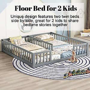 Luckiofvonne Floor Bed for 2 Kids, Montessori Bed Frame with Fence Railings, Wooden Double Twin Bed for Two Boys Girls, Box Spring Needed, Gray