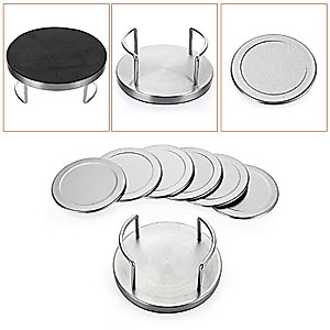 JUXYES Set of 6 Stainless Steel Round Coasters with Holder & Sponge Bottom, Silver Metal Cup Coasters Set Stunning Cool Coaster Cups Mats Decor for Restaurant Kitchen bar Dining Table