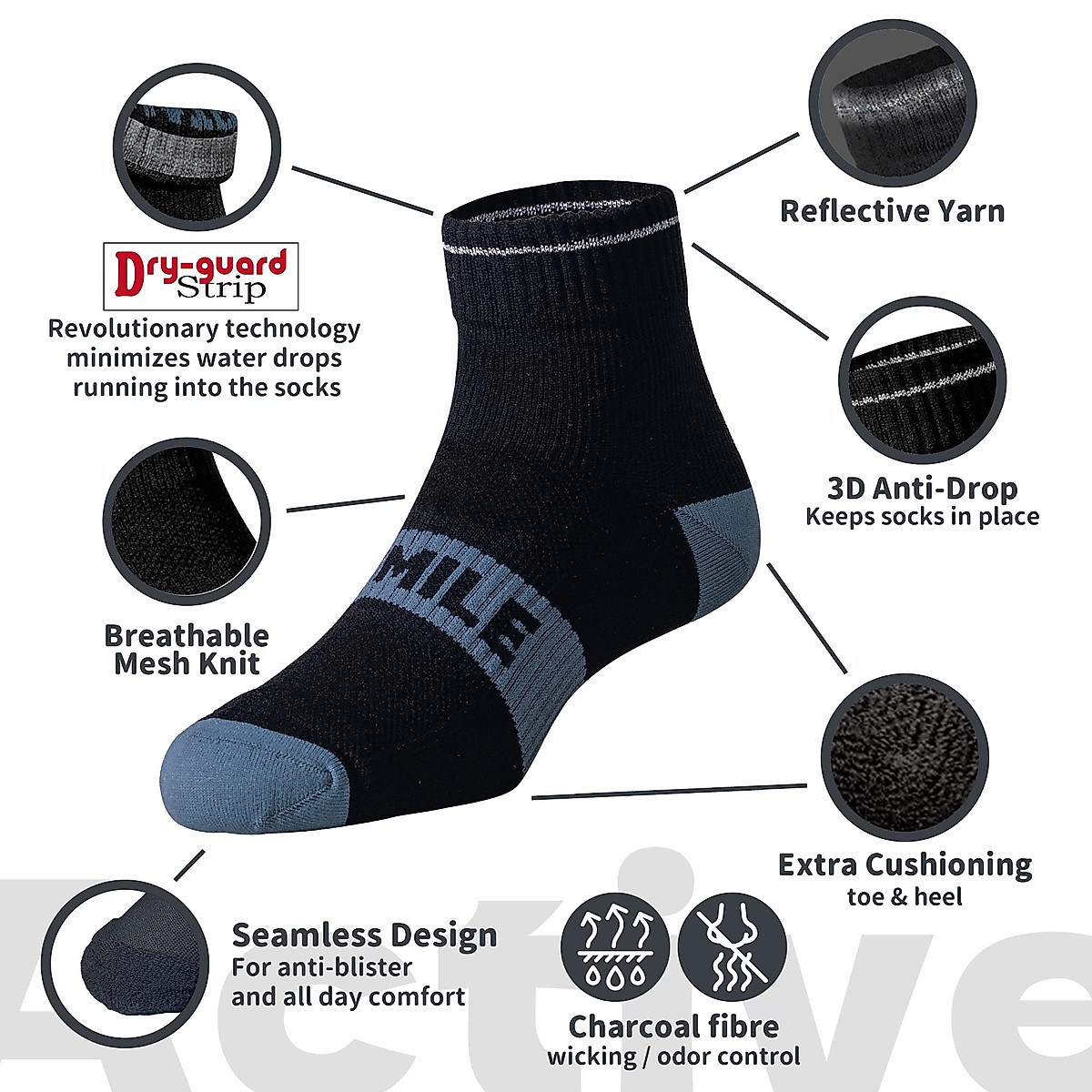 DRYMILE Active Waterproof Socks, Breathable Cushioned Running, Hiking, Winter Waterproof Socks for Men & Women - Ankle (Large, Black/Blue)