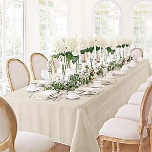 Newbridge 60 x 144 Inch Rectangle Fabric Tablecloth, Elegance Plaid, 100% Polyester, No Iron Soil Resistant Dining Room, Party and Banquet Table Cover, Solid Textured, Beige