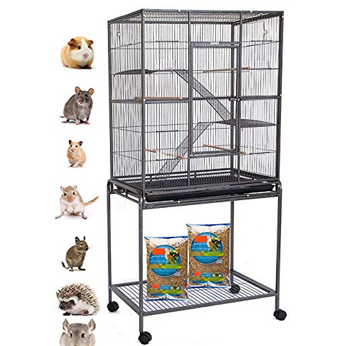 64" Extra Large Wrought Iron 4 Levels Ferret Chinchilla Sugar Glider Rats Mices Rabbit Squirrel Hamster Cage with Removable Stand (32" L x 19" W x 60" H, BlackVein)