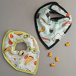Loulou Lollipop Soft Breathable and Absorbent Muslin Bandana Bib Drool Bib Set for Baby Girl and Boy, Adjustable 3 to 36 Months, 2 Pack - Taco/Sushi