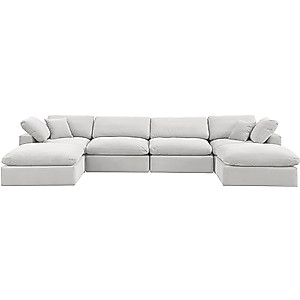 Meridian Furniture 189Cream-Sec6B Comfy Collection Modern | Contemporary Upholstered Modular Sectional, Soft Cream Velvet, Down Feather Cushions, 158" W x 79" D x 34.5" H, Cream