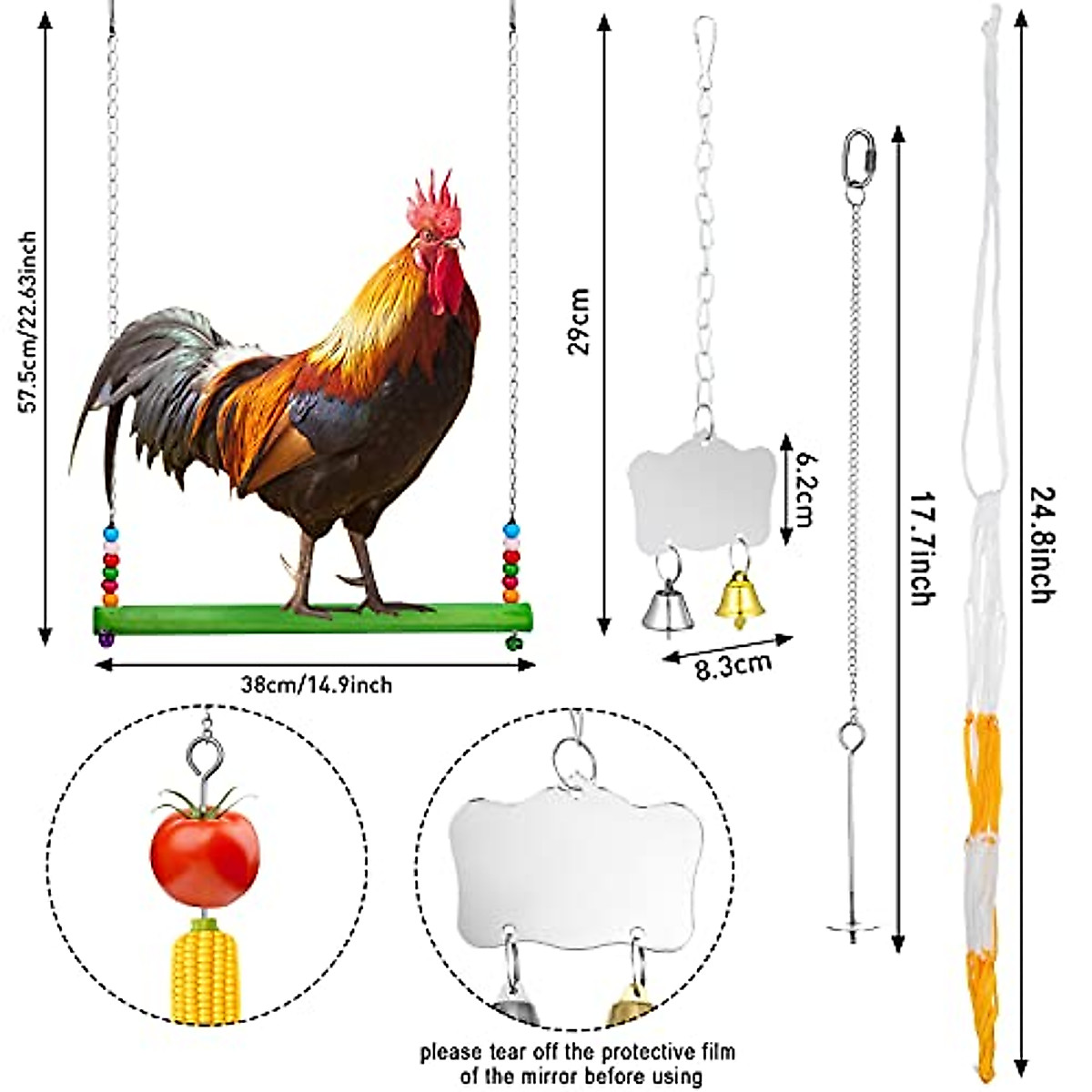 Gejoy 6 Pieces Chicken Toys Set Chicken Bird Xylophone Toy Wood Stand Hen Mirror Toy Coop Swing Chicken Veggies Skewer Fruit Holder, Vegetable Hanging Feeder Chicken Chewing Foraging Toys for Chicken