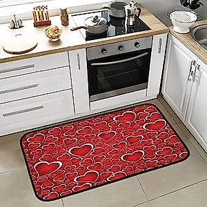 KOBLEN Valentines Day Red Hearts Kitchen Rugs Non Slip Washable Absorbent Kitchen Mats 20x39 inch Cushioned Anti Fatigue Kitchen Floor Mats for in Front of Sink