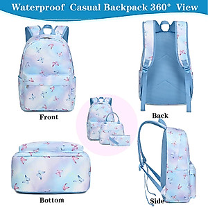 Dafelile Butterfly Backpack for Girls Backpack for Teen Girls Bookbags School Backpack with Lunch Tote and Pencil Bag Blue