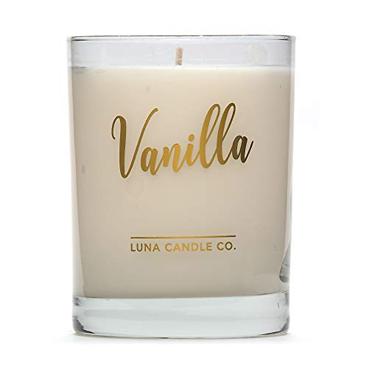 LUNA CANDLE CO. Vanilla Scented Jar Candle in 11oz. Clear Glass, Single Wick, Soy Wax, Up to 110 Hours of Burn Time, Great Gift for Home, Wedding, Birthday, Spa