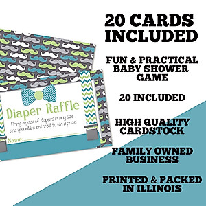 Amanda Creation Little Man Bow Tie, Mustache, & Suspenders Themed Diaper Raffle Tickets for Boy Baby Showers, 20 2" X 3” Double Sided Inserts, Bring a Pack of Diapers to Win Favors &