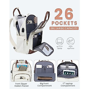 LOVEVOOK Laptop Backpack for Women, Anti-theft Work Travel Business Bag, 17 Inch Large Capacity Computer Backpacks Purse for Men, Casual Nurse Daypack with Lock, Beige-Brown