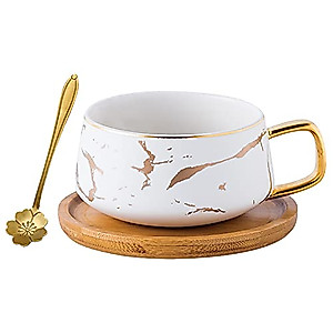 Jusalpha 10 oz Luxury Golden Hand Print Coffee Teacup with Bamboo Saucer Set Fashion Marble Pattern for Women TCS19 (White)