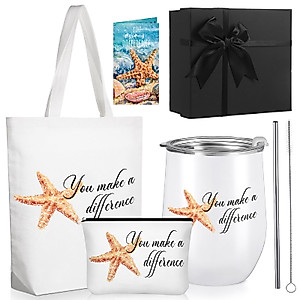 5 Pcs Employee Appreciation Gift Set, 12 oz Stainless Steel Wine Tumbler Canvas Tote Bag Makeup Bag Starfish Inspirational Card with Gift Box for Women Graduation Teacher Nurse Secretary Assistant