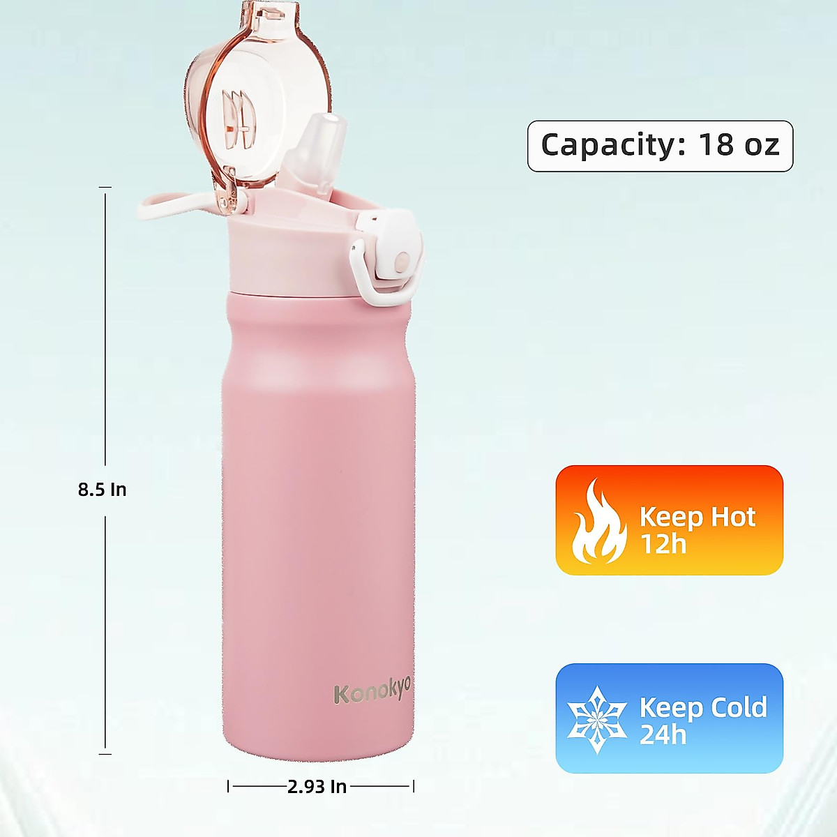Konokyo Insulated Water Bottle with Straw and Carry Loop,18 oz Stainless Steel Double Wall Vaccum Metal Water Flask with Leak-proof Lid,Pink