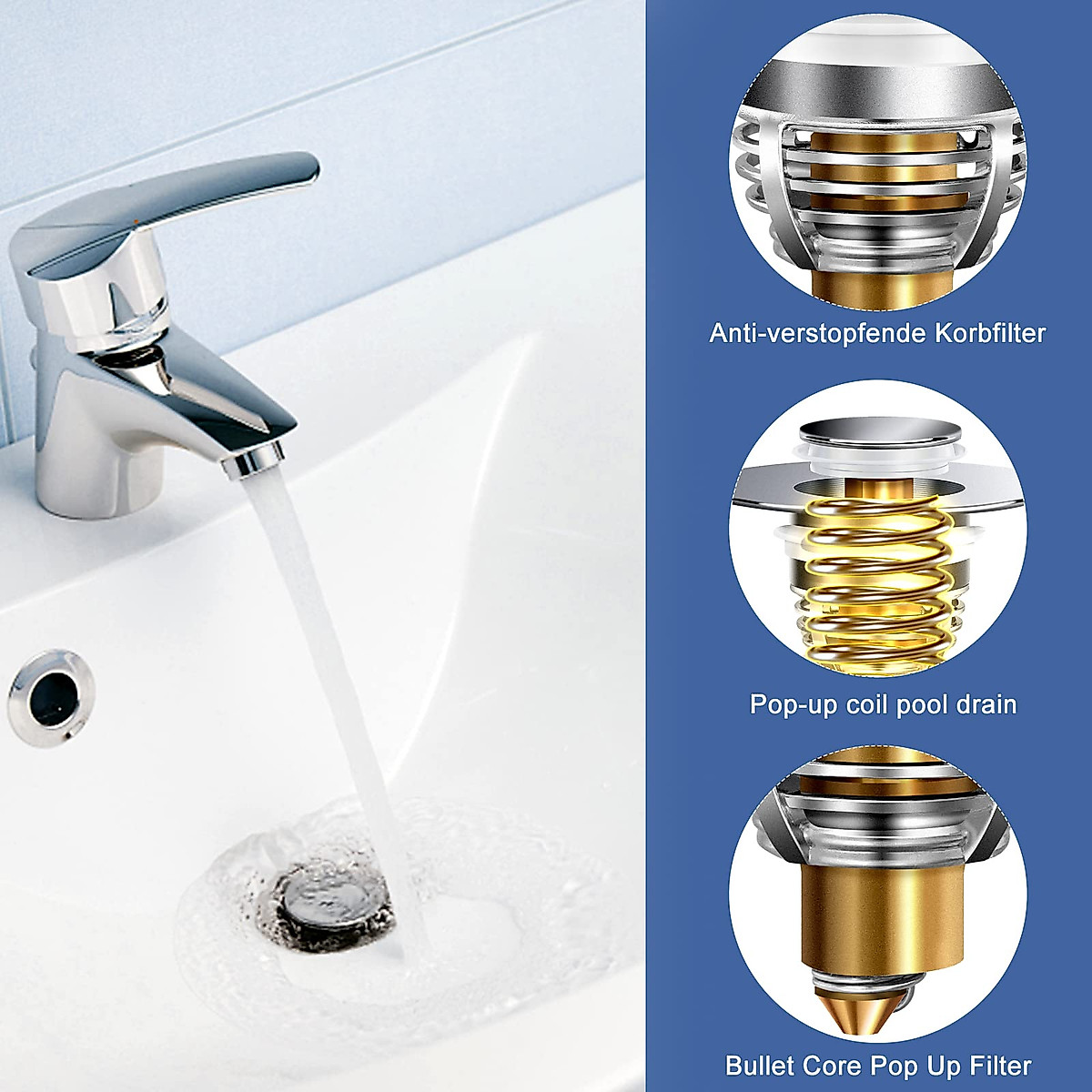 AURUZA 2 Pack Universal Bathroom Sink Stopper, Sink Strainer for 1.1-1.5 Inch Bullet Core Push Type Basin Pop Up Drain Filter,Bathtub Converter with Anti Clogging Filter Basket Hair Catcher