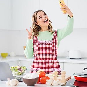 JJYHEHOT Women Classic Vintage Apron, Red and White Gingham Cotton Apron, Home Kitchen Chef Bib