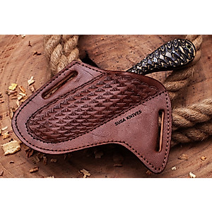 SUSA KNIVES Handmade Damascus Steel Bull Cutter Knife, Cowboy Fixed Blade knife, Wood Handle, EDC Knife PANCAKE Leather Sheath Gift For Men