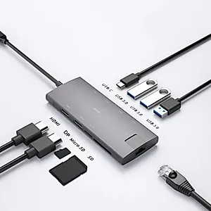 USB C Hub, 9 in 1 USB C Adapter with 4K HDMI, RJ45 Gigabit Ethernet Port, Mini DP DisplayPort, 3 USB 3.0 Ports, SD/Micro SD Card Reader, Type C PD, for MacBook PRO/Air, iPad PRO and More