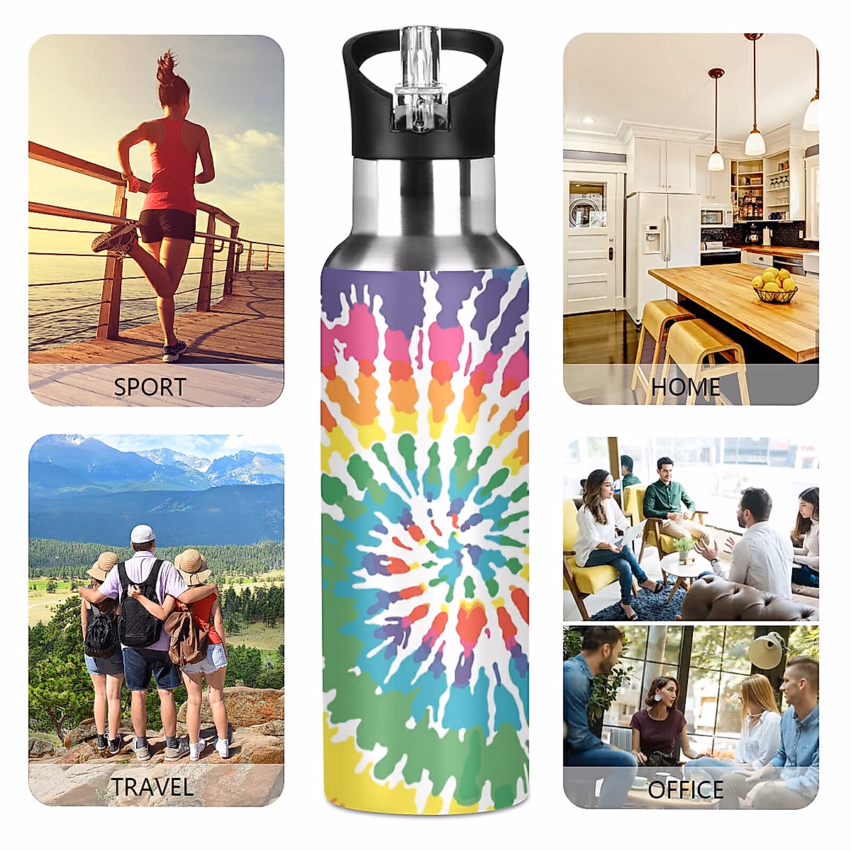 Insulated Water Bottle with Straw Lid for Kids and Drivers,Sports and Travel Reusable Double Wall Vacuum-Insulated Stainless Thermos with Wide Handle,BPA-Free,21-Ounce (600ml),Tie Dye