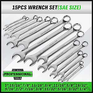SWANLAKE 32-Piece Combination Wrench Set, SAE and Metric, 1/4"-1" & 7mm-22mm, 12 Point, Chrome Vanadium Steel