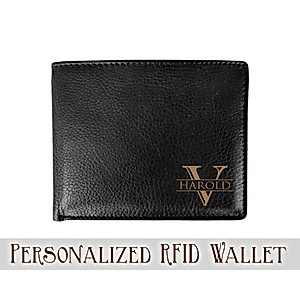 Corner Monogram Initial Engraved Personalized One Black Wallet Personalized Men's Bifold Leather RFID Blocking Wallet for Groomsman Best Man Wedding Party Gift