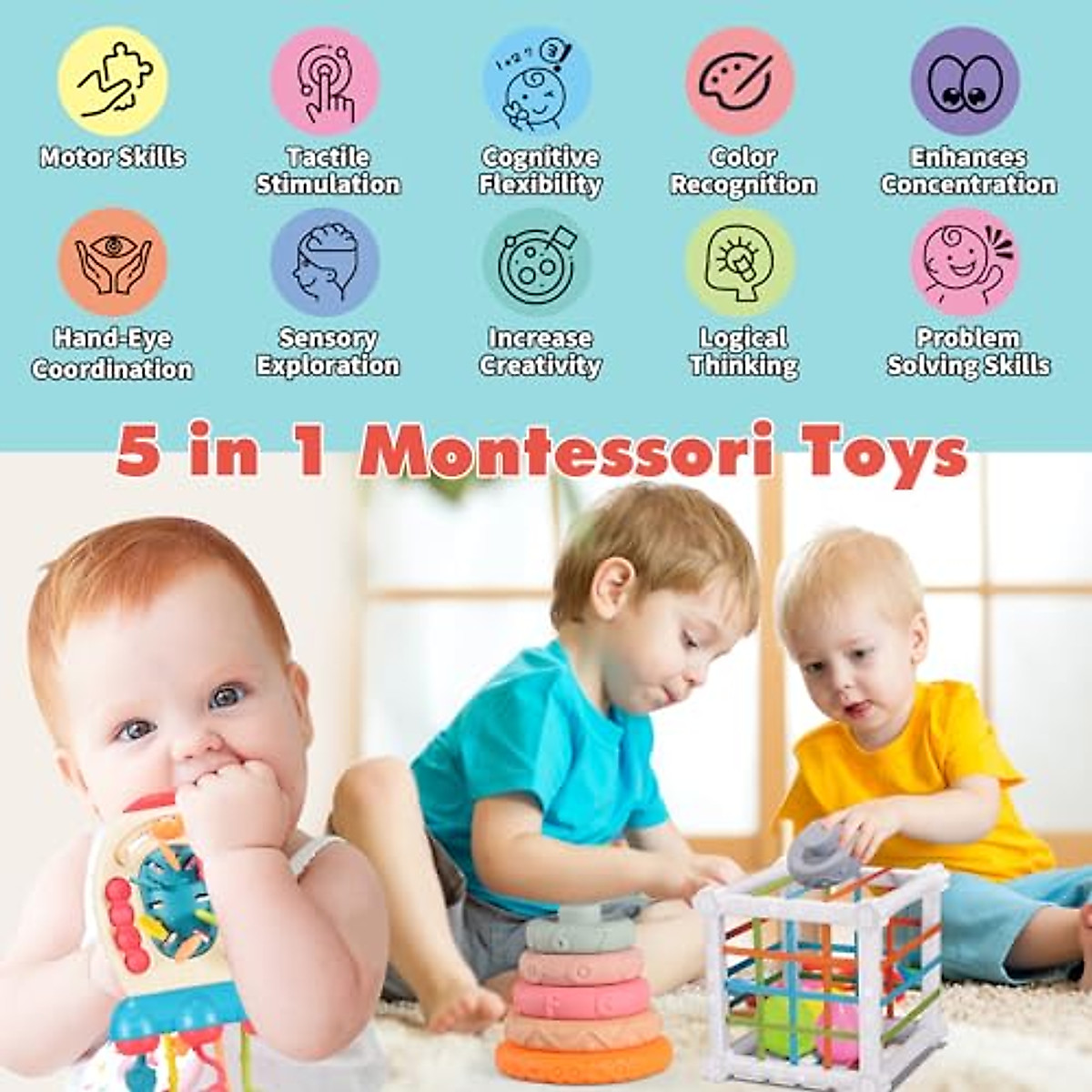 Hamiface 5 in 1 Baby Montessori Toys Set 6 Months and Up Toddler Toys Including Baby Blocks, Pull String Toy, Soft Stacking Rings, Sensory Toys for 1 2 3 4 5 6 Year Old Boys Girls