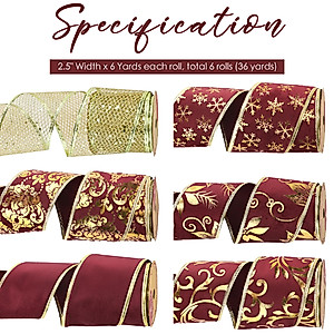 AIMUDI Burgundy Christmas Velvet Ribbon Wired 2.5" Burgundy and Gold Ribbon for Christmas Tree Decorations Dark Red Wired Ribbon for Wreaths, Gift Wrapping, Crafts, Topper Bow - 6 Rolls 36 Yards