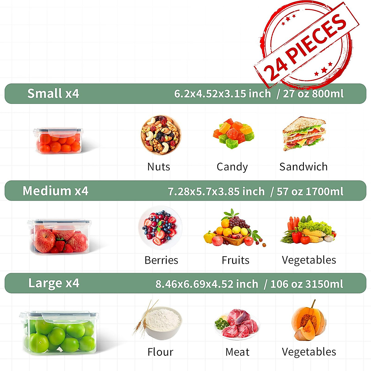 MINDEKA 24 Pieces Large Food Storage Containers, Plastic Food Container Set with Lid for Kitchen Storage Stackable & Nested Airtight Lunch Box for Cereal Fruit Leftover Freezer Microwave Safe