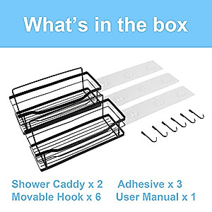 Shower Shelf Inside Shower Shower, Stylish Adhesive Shower Organizer Caddy Hanging +6 Movable Hooks, Stainless Steel No Drilling -Black, 2 Pack