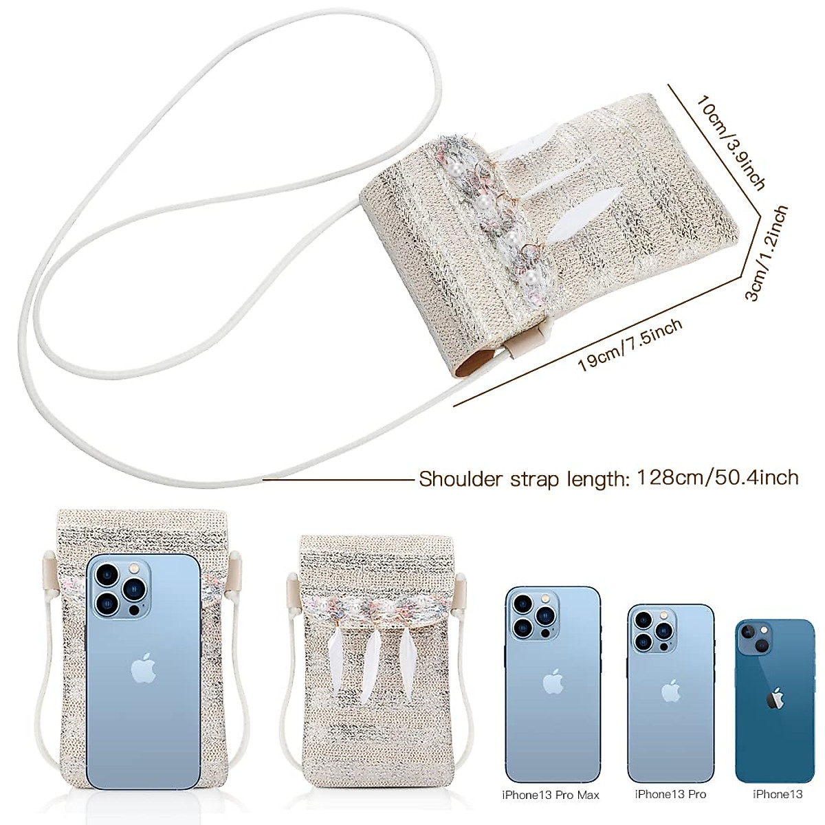 Soleebee Boho One Shoulder Crossbody Phone Bag Small Shoulder Bag Mini Wallet for Women Storage Bag Woven Leather Trim Phone Bag Compatible with Multiple Phone Sizes, Feather