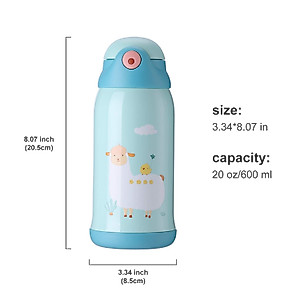 UPSTYLE 20oz Kids Stainless Steel Water Bottle with Straw Insulated Cup Vacuum 5 Walled Thermal Tumbler, Animals Flask Travel Mug for School Lunch(sheep)