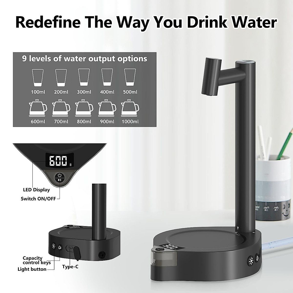 Desktop Water Bottle Dispenser - Smart Night Lights Countertop Water Dispenser 10 Levels Pumping for 5 Gallon Universal Bottle, Intelligent Portable USB-C Charging Water Pump for Home, Office, Outdoor